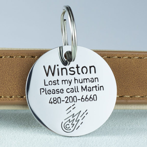 Comet Icon Round Dog ID Tag: Cosmic Elegance for Your Pet's ID - Taglec